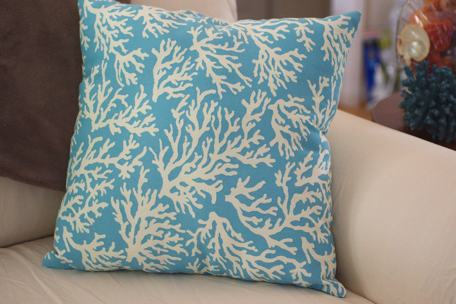 Beach Decor Ocean Blue and Ivory Sea Fan Coral 18x18 Throw | Etsy