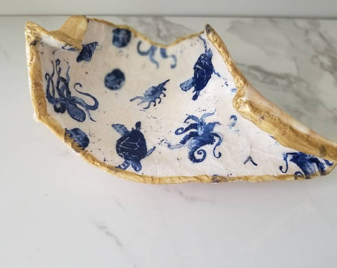 Conch Shell Decoupaged Sea Life Trinket Dish Blue and White - Etsy