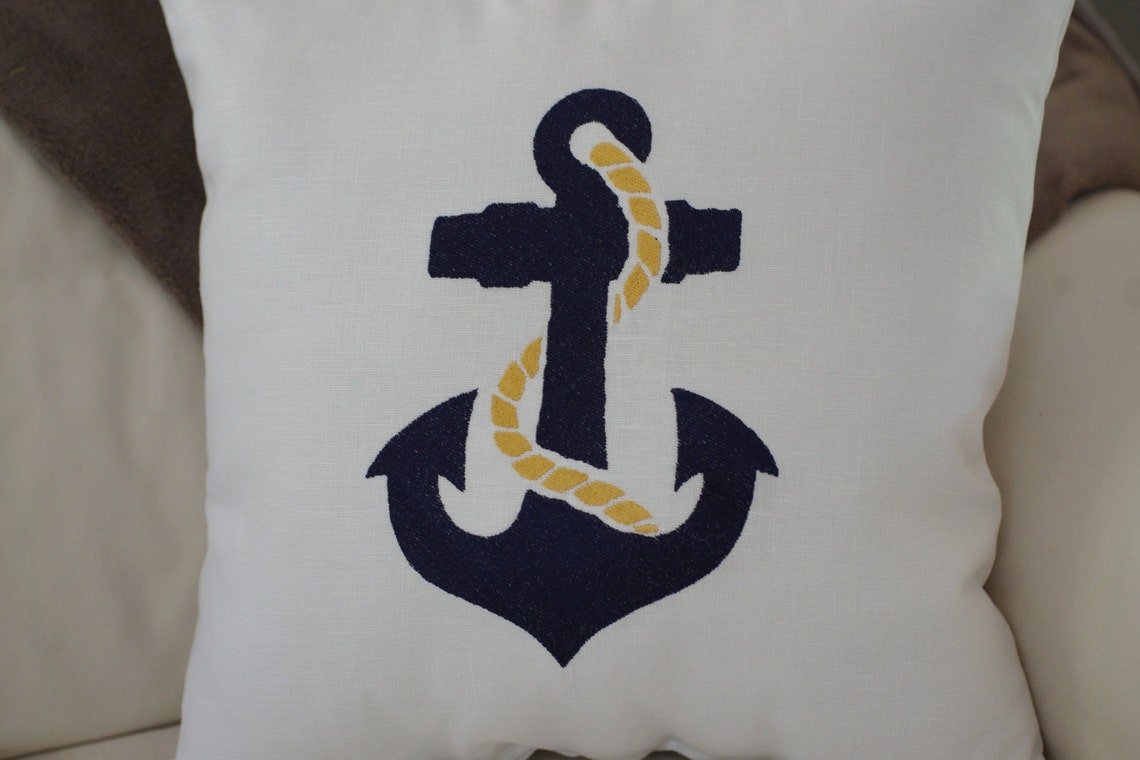 Embroidered Anchor Pillow Coastal Decor Linen Anchor - Etsy