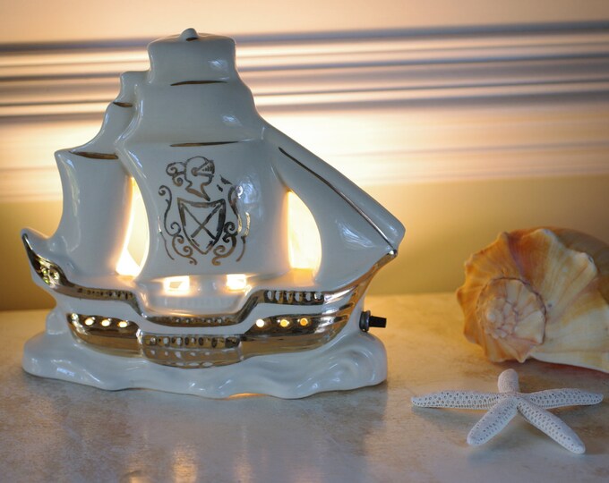 Vintage Ceramic White Clipper Ship Lamp Coastal Decor - Etsy