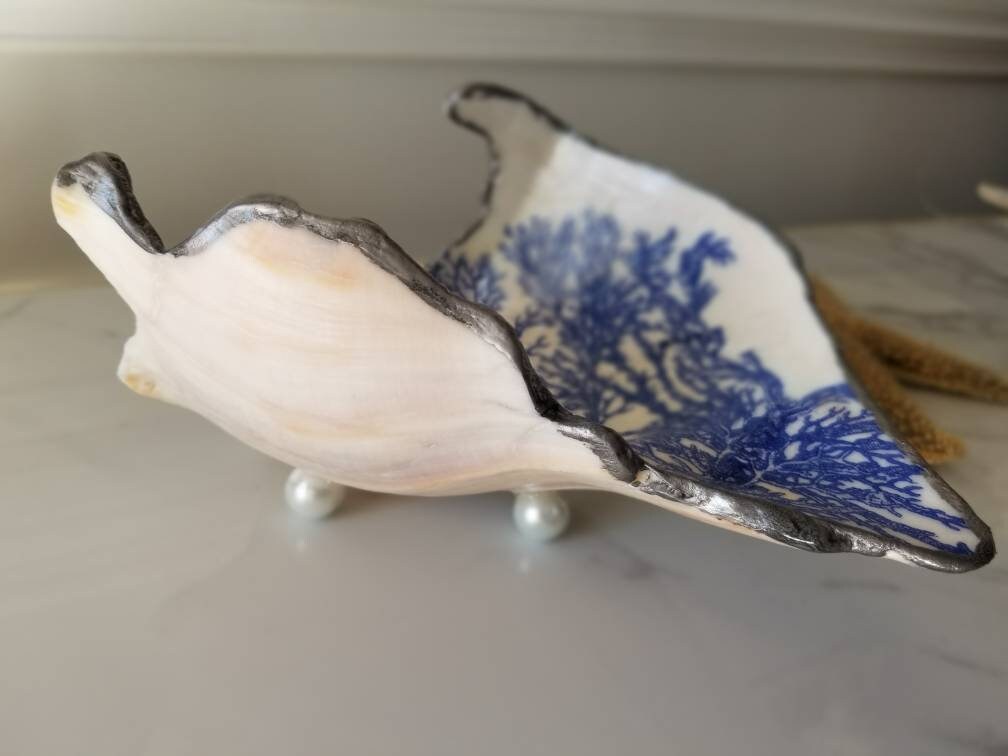 Conch Shell Decoupaged Coral and Starfish Trinket Dish | Etsy