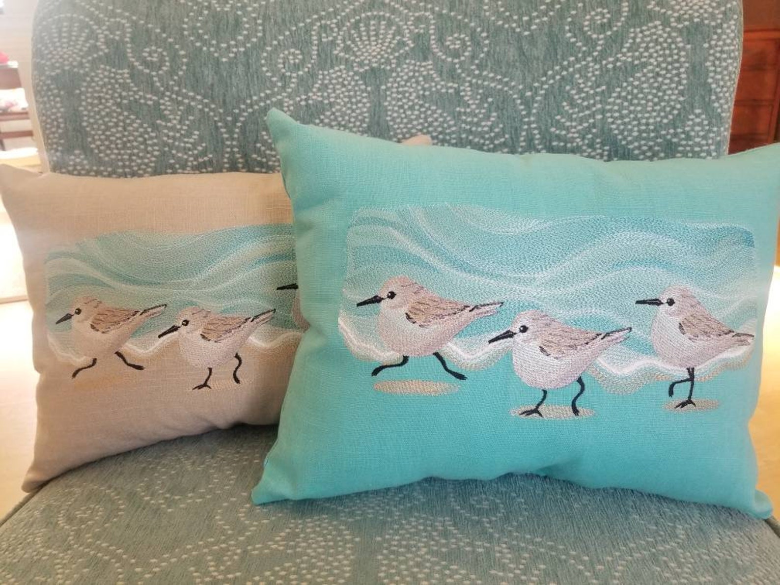 Embroidered Sandpiper Lumbar Pillow 12x16 - Coastal Decor - Linen - Etsy