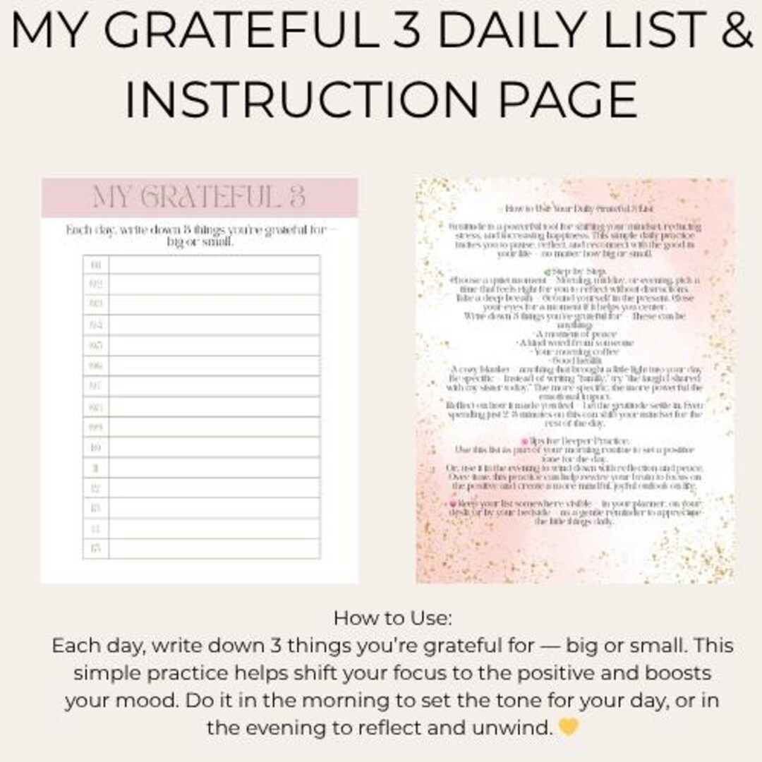 Gratitude 3 List Printable | Daily Gratitude Journal Page | Mindfulness ...