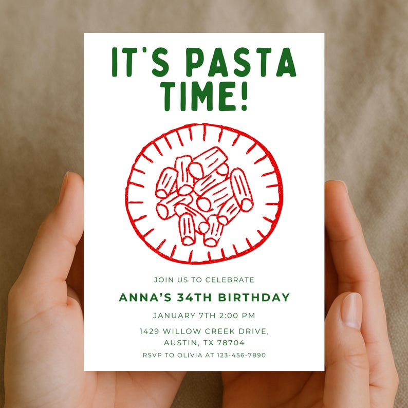 It’s Pasta Time Birthday Invitation, Italian Dinner Party Invite, Adult ...