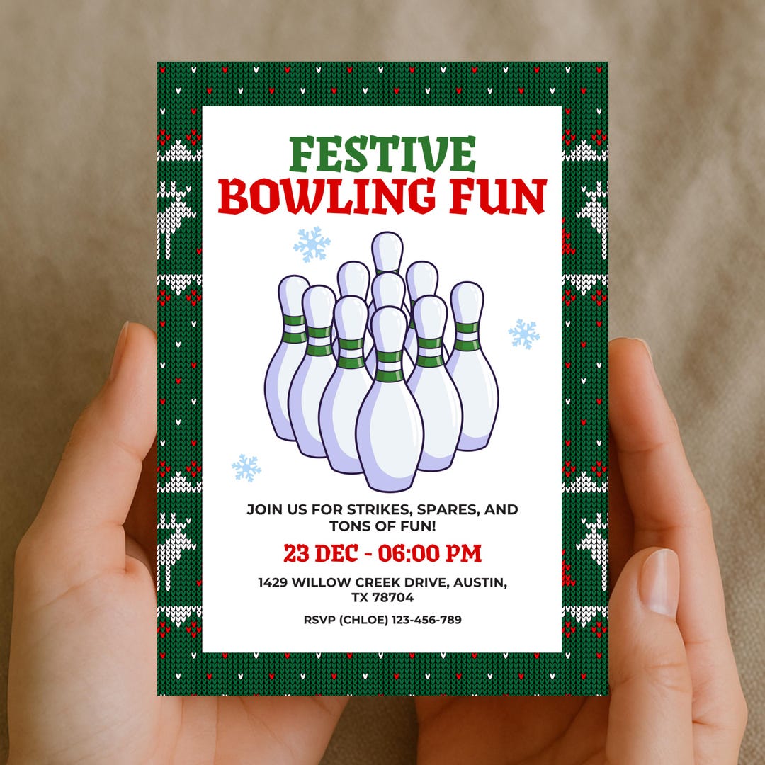 Festive Bowling Fun Invite, Bowling Christmas Party Invitation Template ...