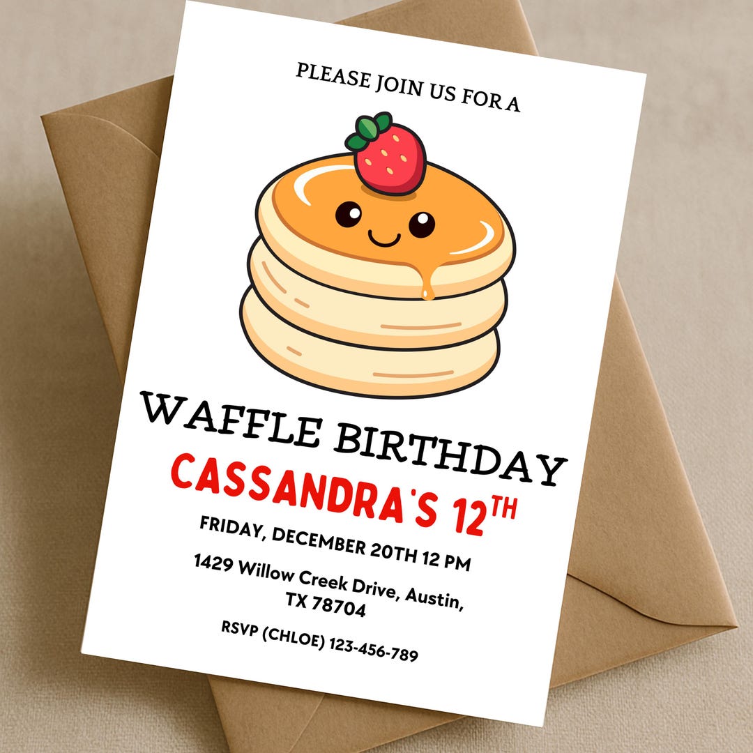 Waffle Birthday Invitation Editable, Cute Pancake Party Invite, Kids ...