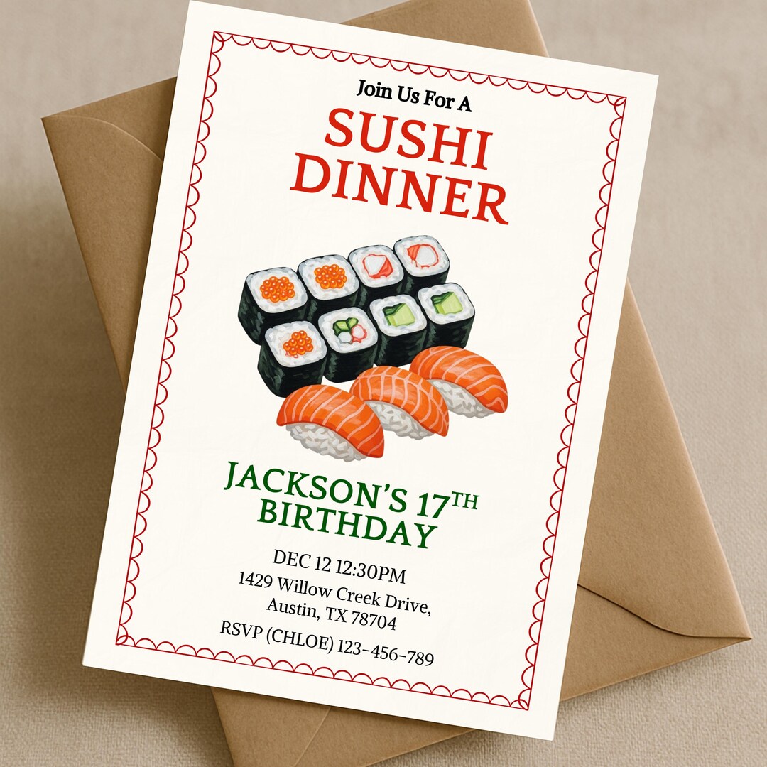 Sushi Dinner Birthday Invitation Editable Template, Sushi Party Invite ...