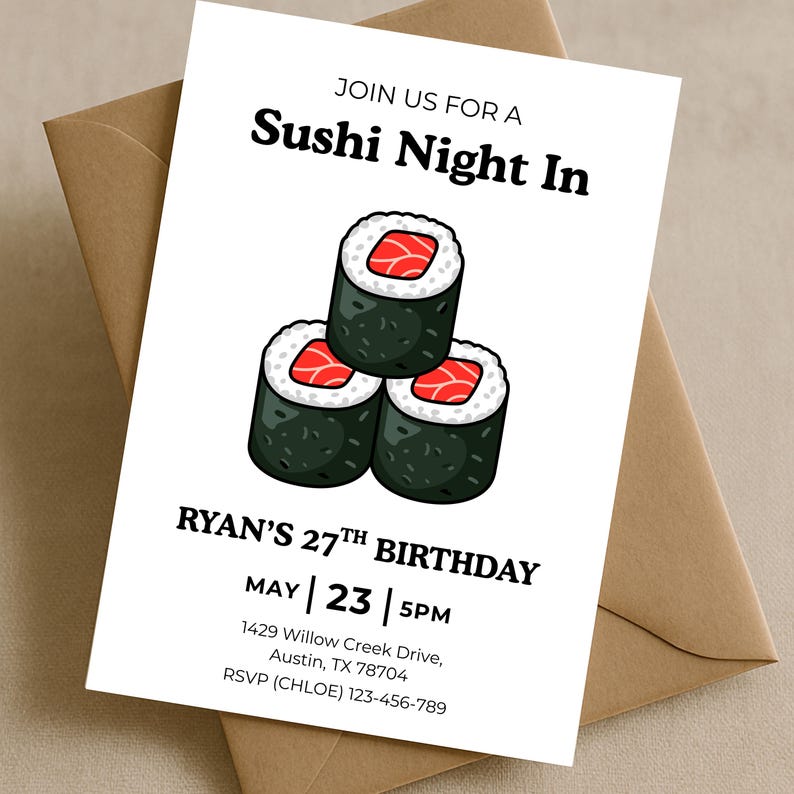 Sushi Night in Birthday Invitation Template, Editable Sushi Party ...