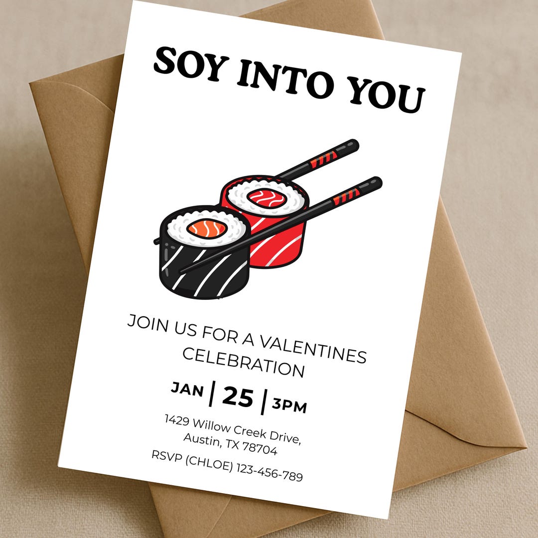 Soy Into You Sushi Valentines Invitation Editable | Sushi Night Party ...