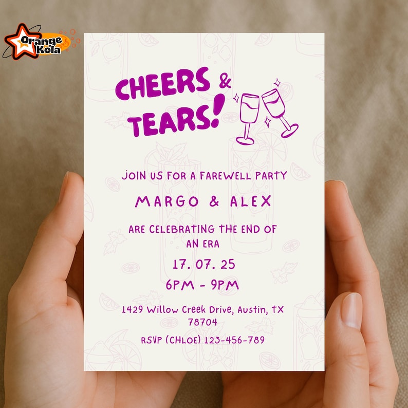 Purple Doodle Cartoon Cheers Tears Invitation, Fun Canva Farewell ...