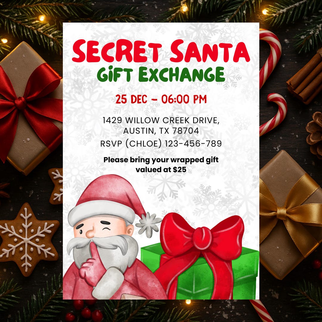 Secret Santa Party Invitation, Gift Exchange Christmas Party Invite ...