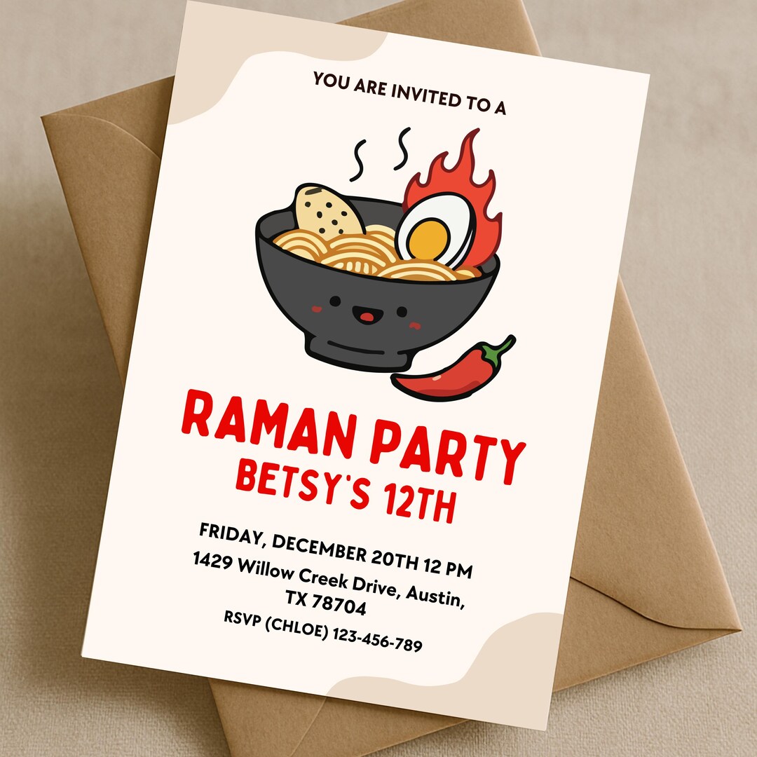 Editable Spicy Ramen Party Invitation, Cute Kawaii Noodle Bowl Birthday ...