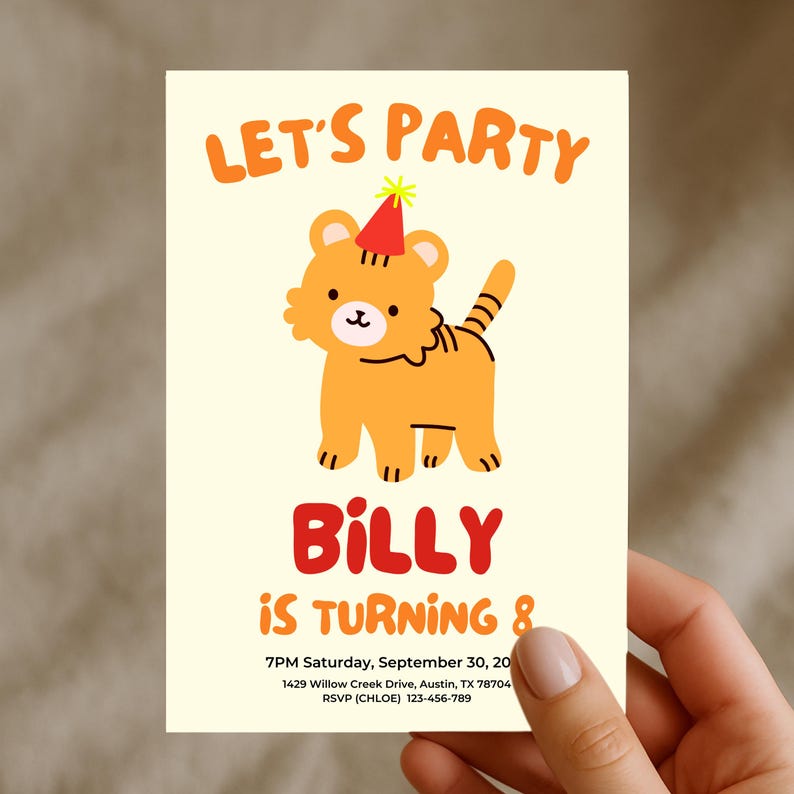 Printable Party Tiger Birthday Invite for Kids, Editable Kids Jungle ...