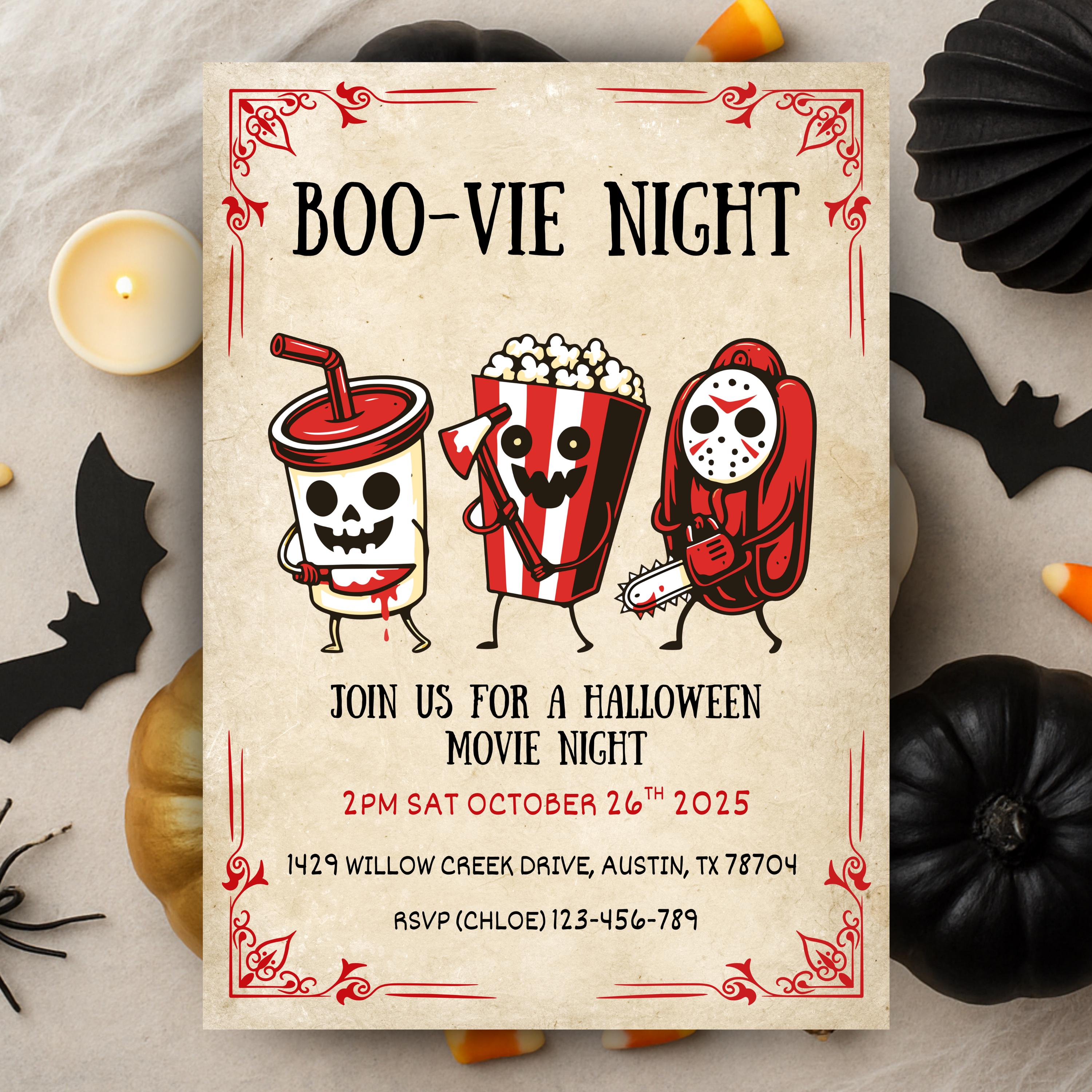 Halloween Movie Night Invitation, Spooky Popcorn Ghost Kids Party ...