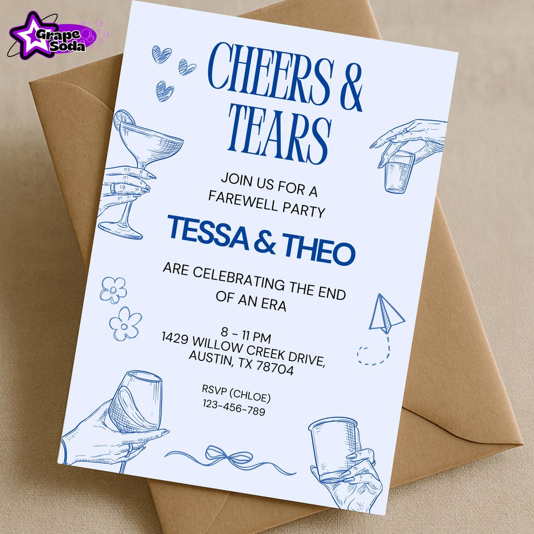 Retro Blue Cocktail Line Art Cheers Tears Farewell Party Invitation ...
