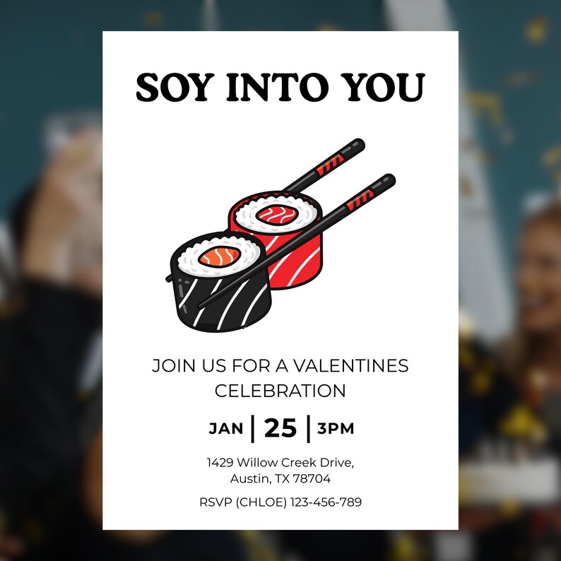 Soy Into You Sushi Valentines Invitation Editable | Sushi Night Party ...