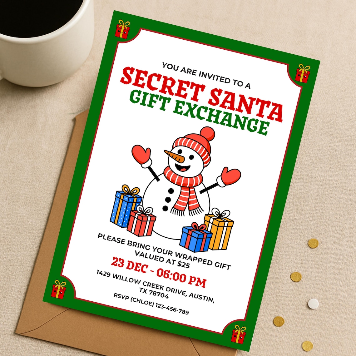 Snowman Christmas Gift Exchange Party Invite, Secret Santa Invitation ...