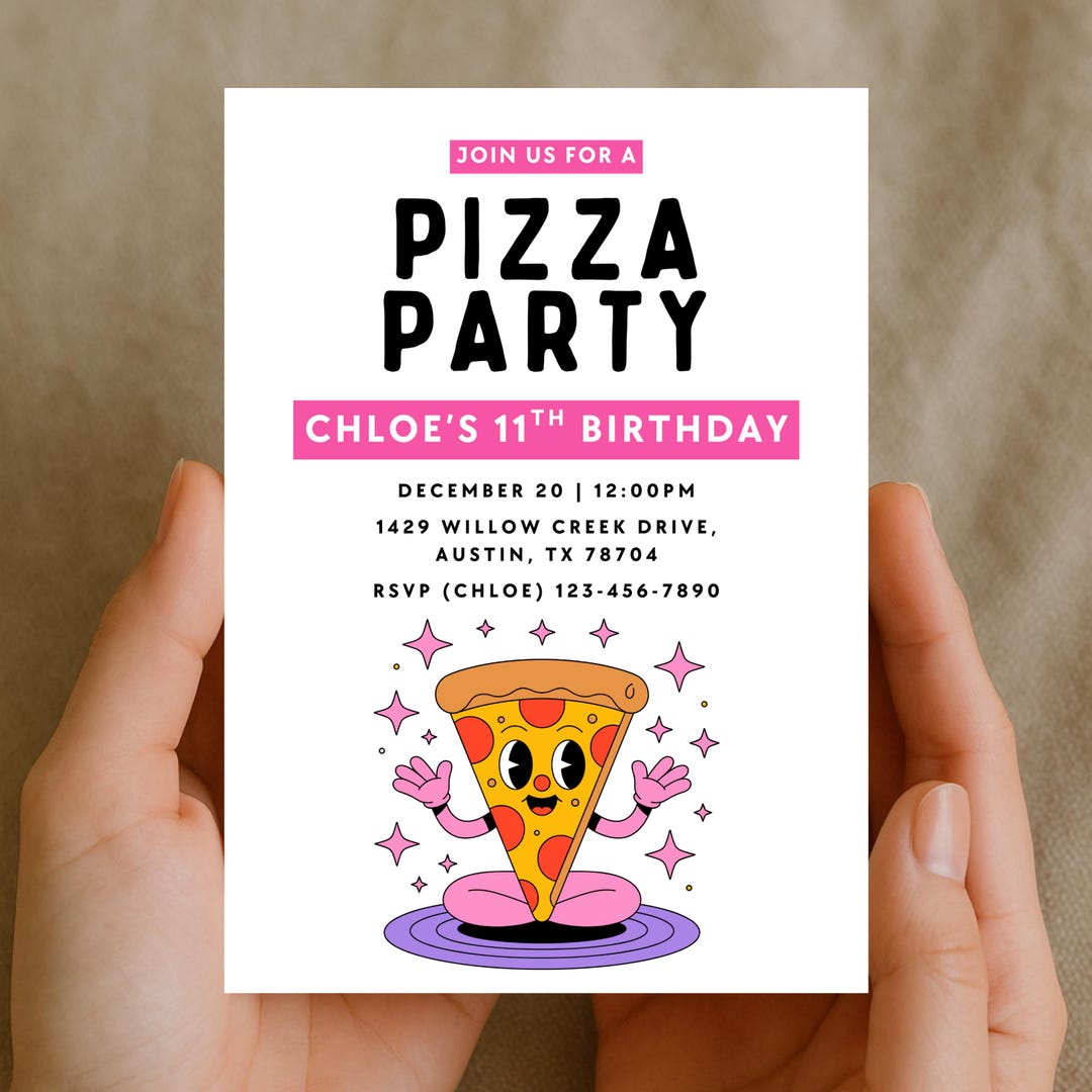 Editable Pink Pizza Party Invitation for Girls, Cute Pink Pizza Slice ...
