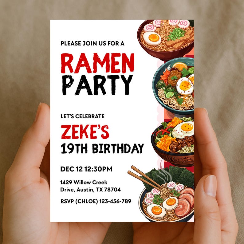 Editable Japanese Ramen Dinner Birthday Party Invite, Printable Ramen ...