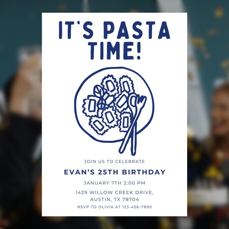 Blue Doodle Pasta Birthday Invitation Template, Italian Dinner Party ...