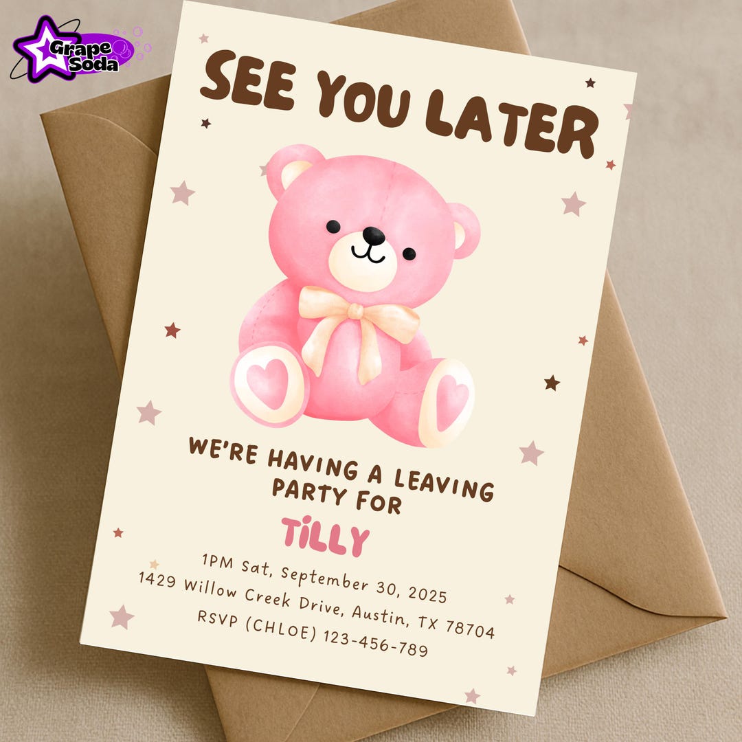 See You Later Cute Pink Teddy Bear Invitation for Girls, Editable Canva ...