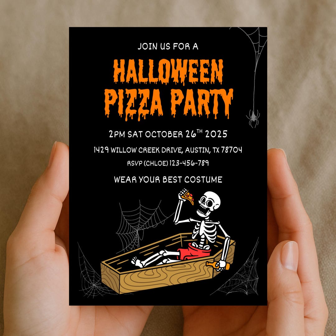 Skeleton Halloween Pizza Party Invitation, Funny Coffin Skeleton Pizza ...