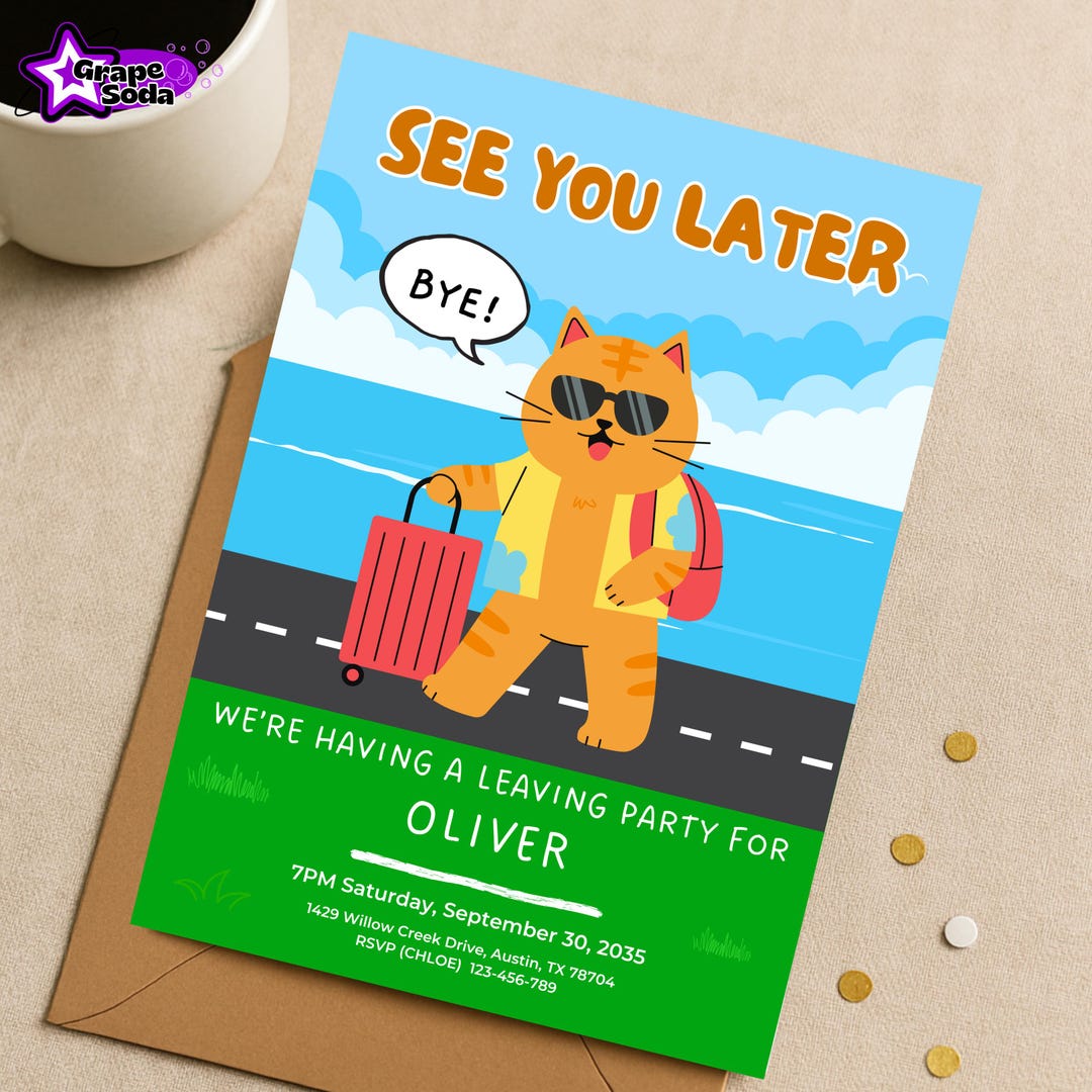 See You Later Cool Cat Party Invitation, Editable Canva, Going Away ...