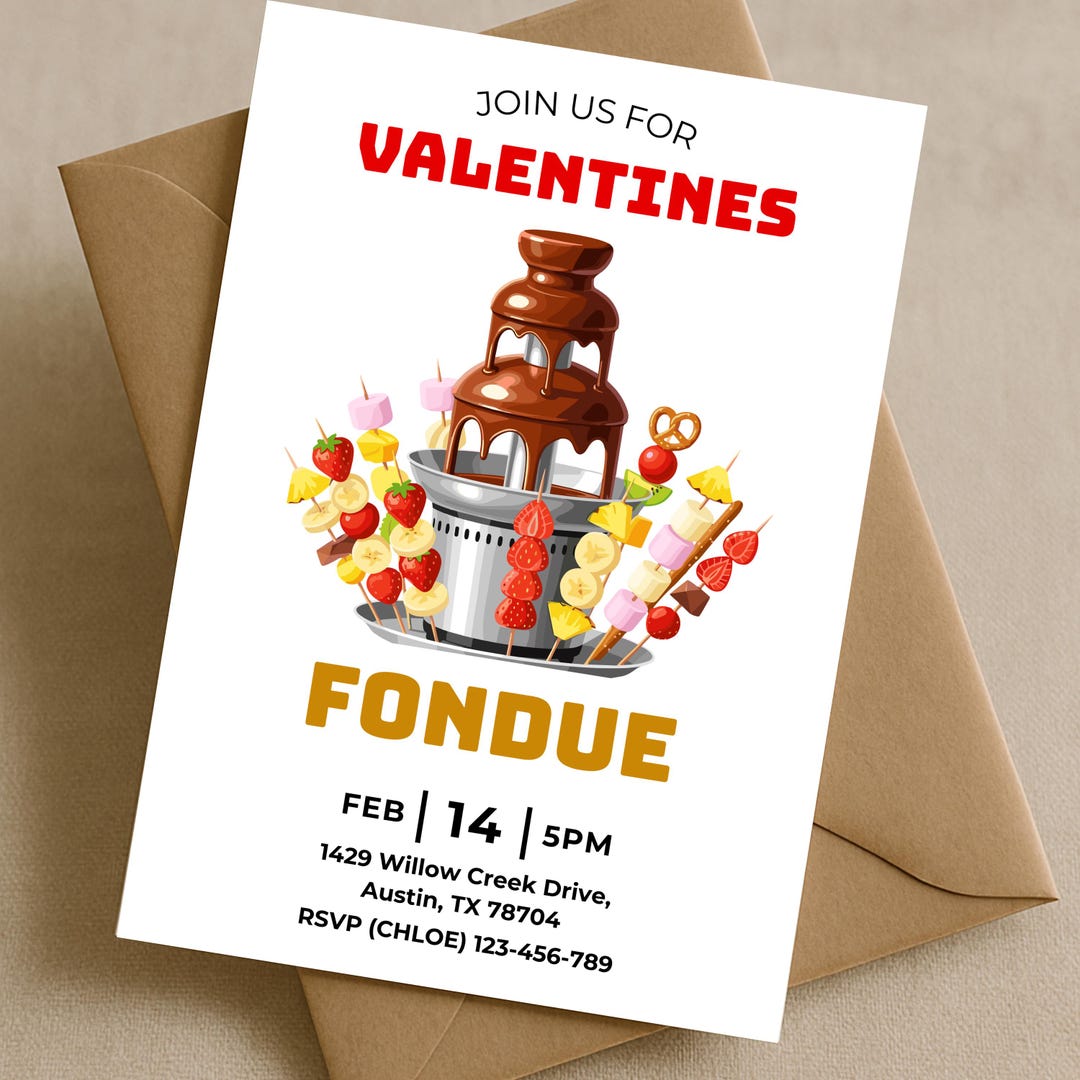 Valentines Fondue Party Invitation, Chocolate Fountain Valentines Day ...