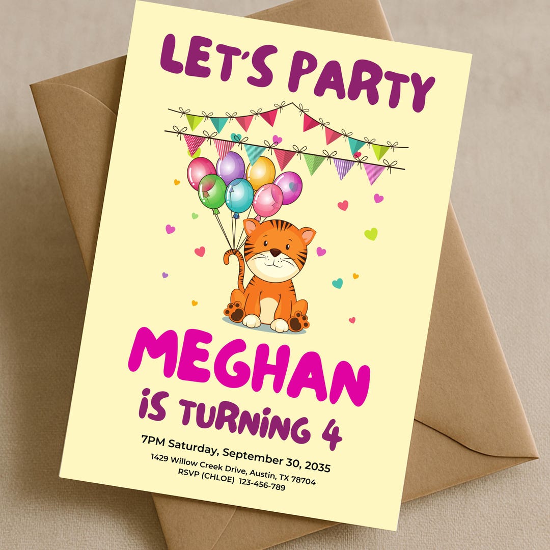 Editable Tiger Birthday Party Invitation Printable, Jungle Animal Tiger ...