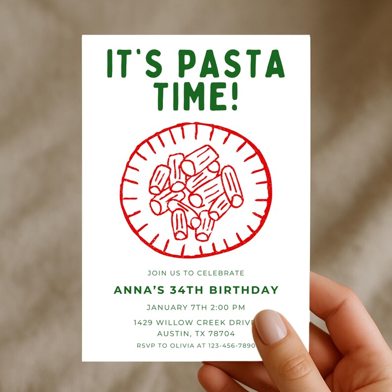 It’s Pasta Time Birthday Invitation, Italian Dinner Party Invite, Adult ...