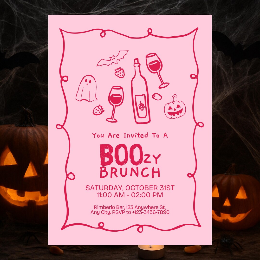 Pink Boozy Brunch Halloween Invitation, Editable Pink Wine Party Invite ...