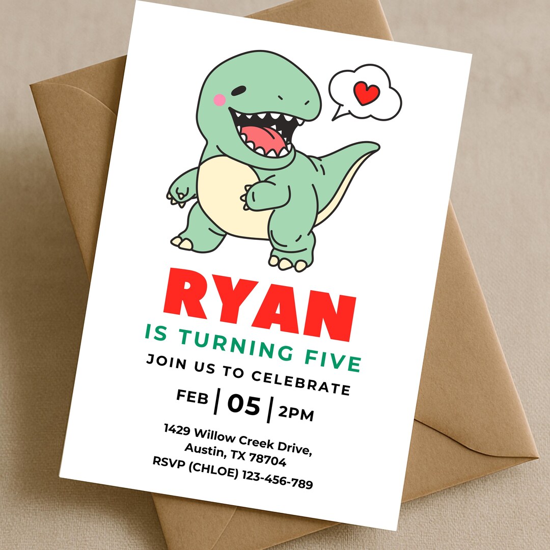 Cute Dinosaur Heart Birthday Invitation Editable Canva Template | Green ...