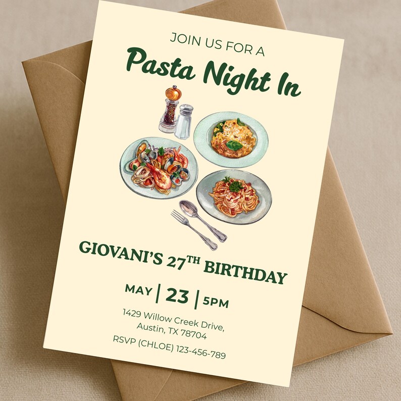 Pasta Night in Birthday Invitation, Adult Birthday Dinner Party Invite ...