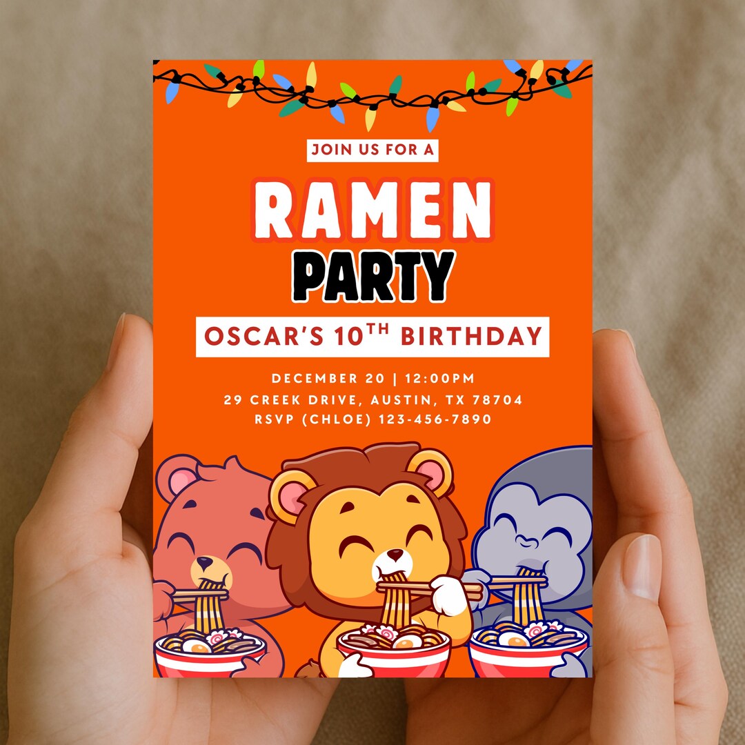 Kids Ramen Party Invitation, Cute Animal Noodle Birthday Invite, Kids ...