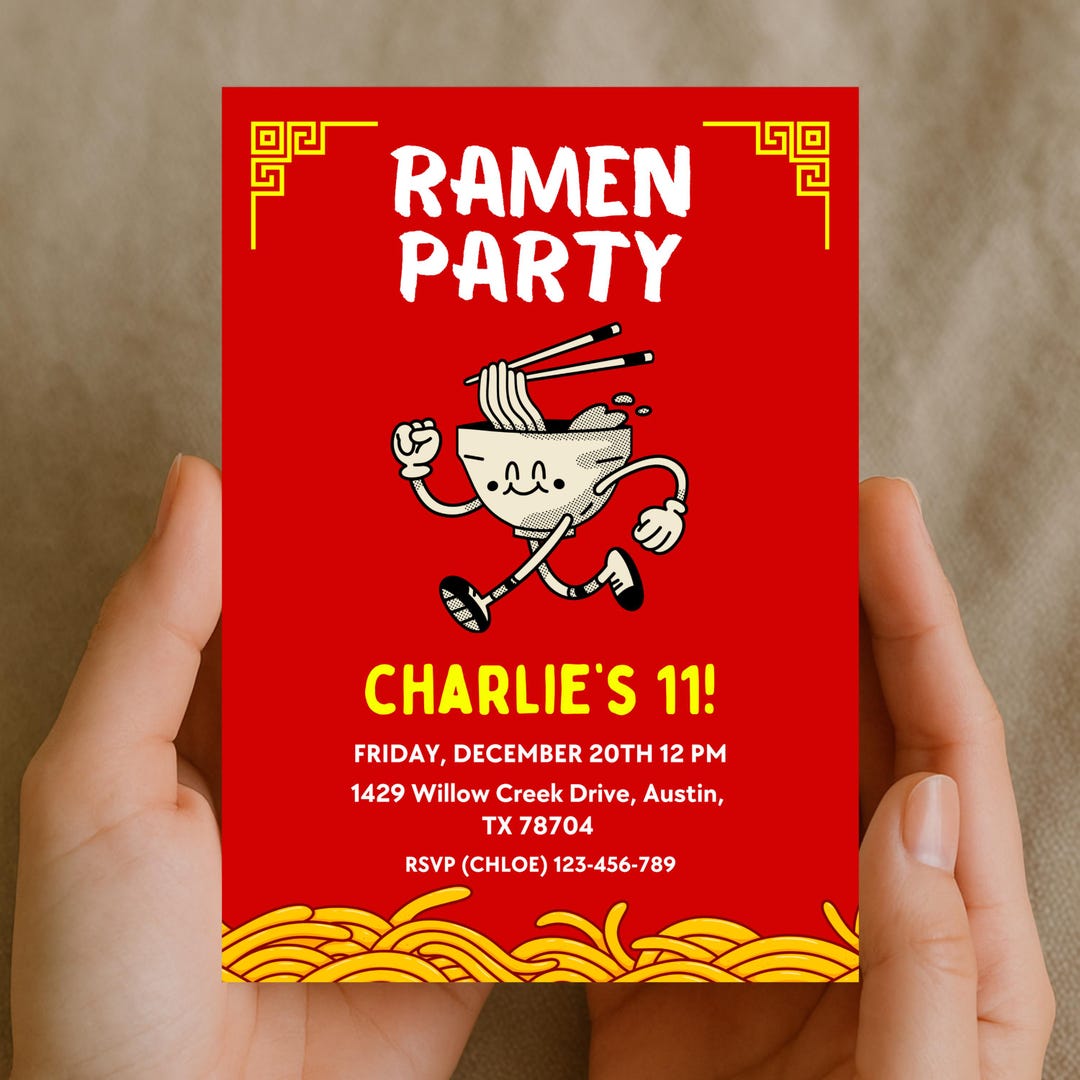 Vintage Ramen Bowl Cartoon Invite, Ramen Party Birthday Invitation ...