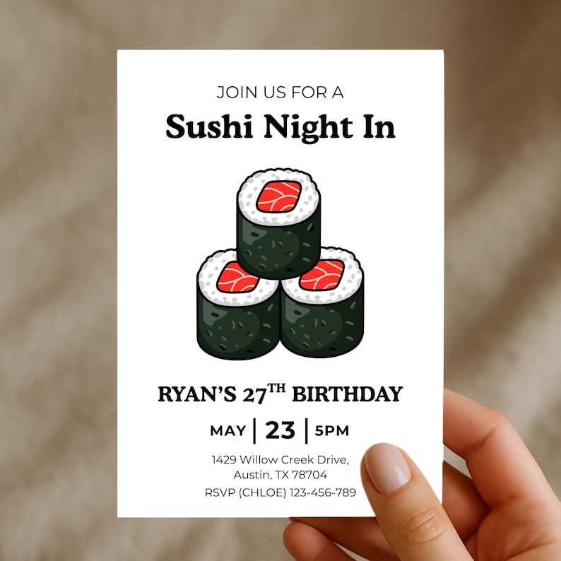 Sushi Night in Birthday Invitation Template, Editable Sushi Party ...