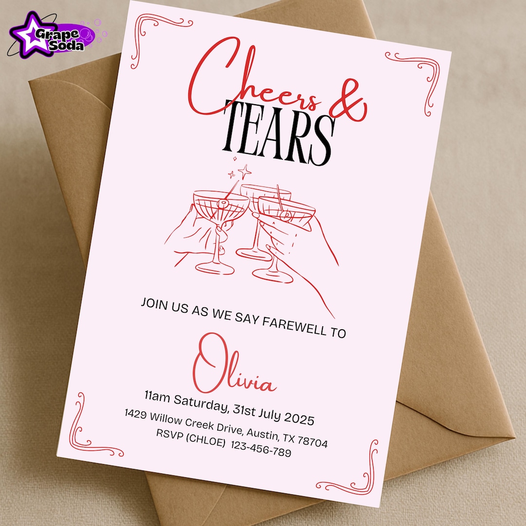 Pink Coupe Glass Line Art Cheers Tears Send off Party Invitation ...