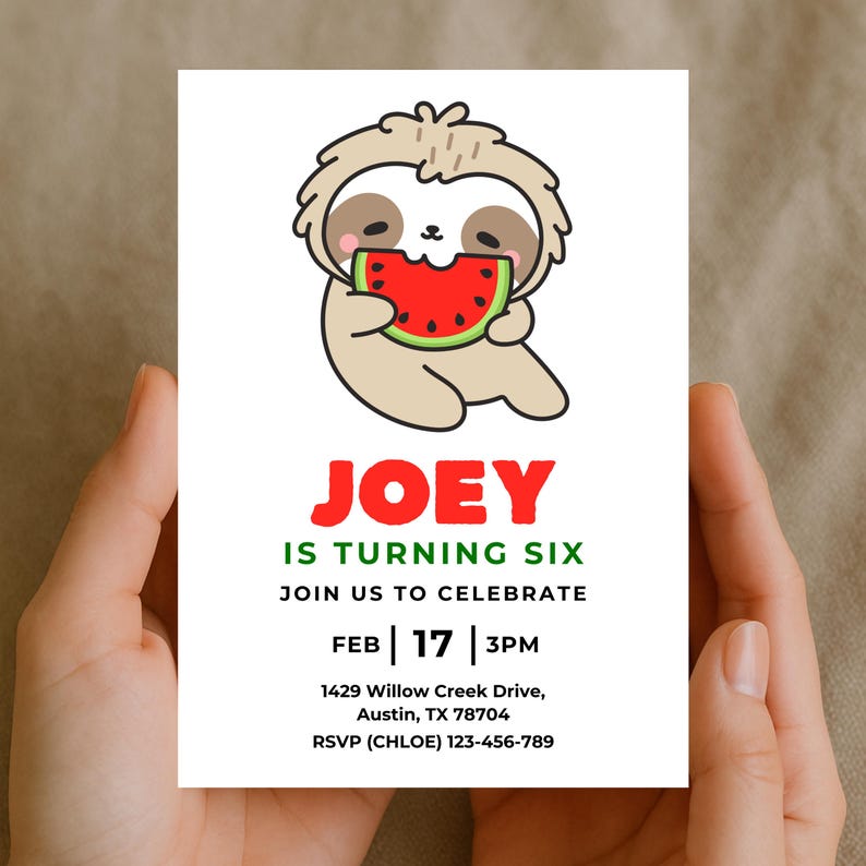 Sloth Birthday Invitation, Sloth Turning 6 Invite, Watermelon Sloth ...
