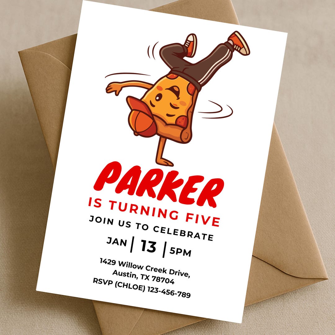 Breakdancing Pizza Birthday Invitation, Editable Canva Template, Kids ...
