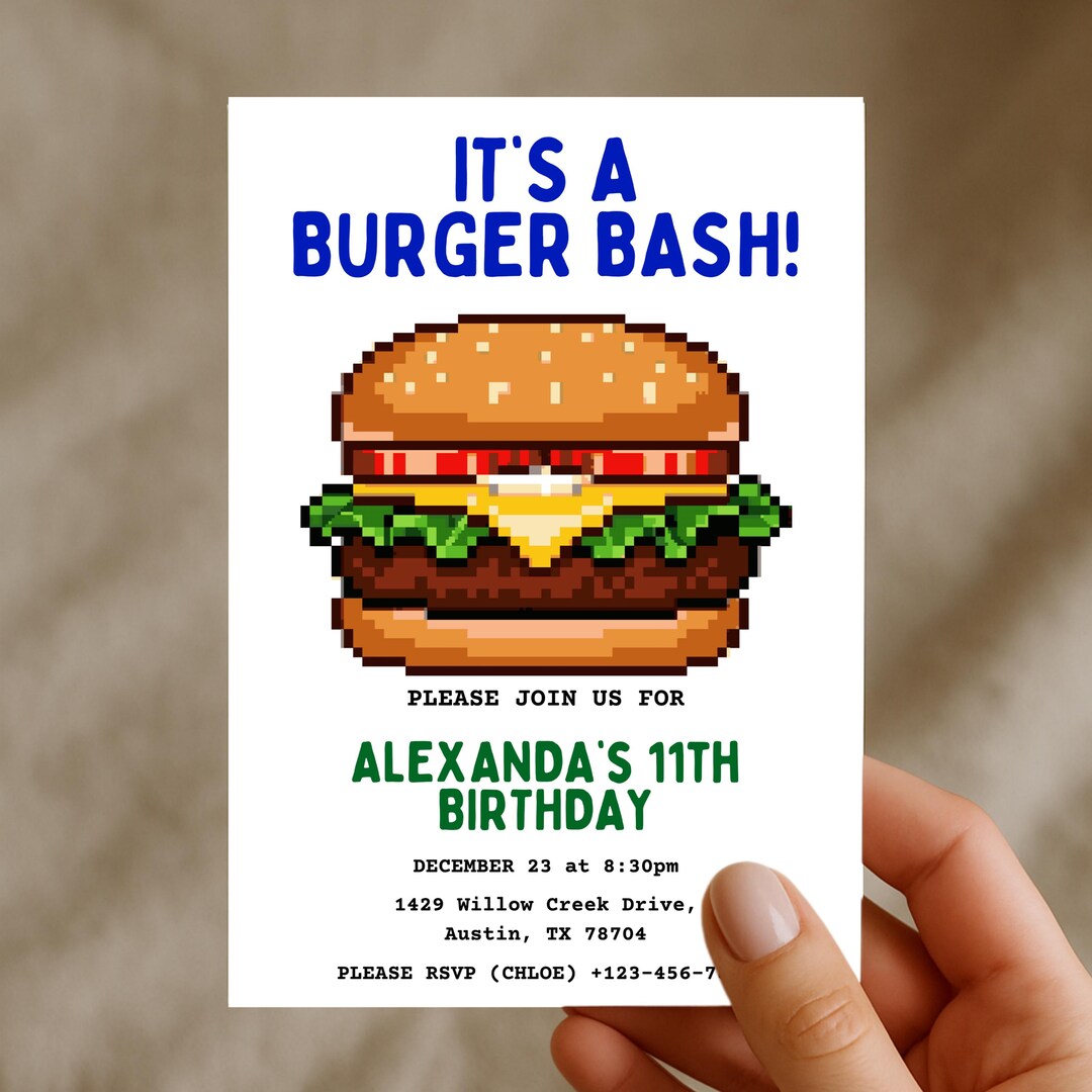 Retro Burger Birthday Invitation, Pixel Burger Bash Party Invite for ...