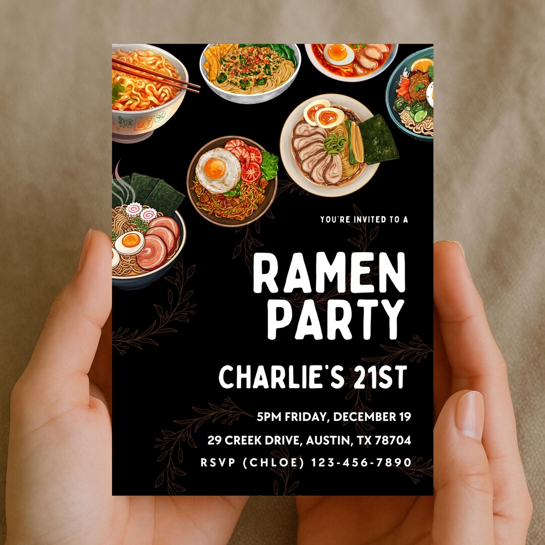 Black Modern Ramen Bowl Invite, Ramen Party Invitation, Editable Noodle ...