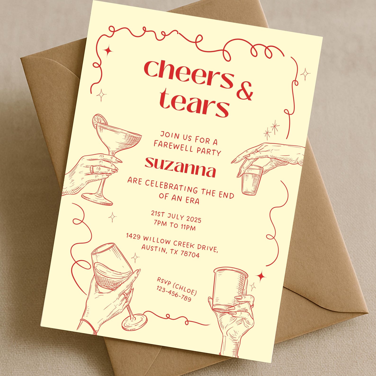 Cream Editable Cheers Tears Red Line Art Farewell Party Invitation ...