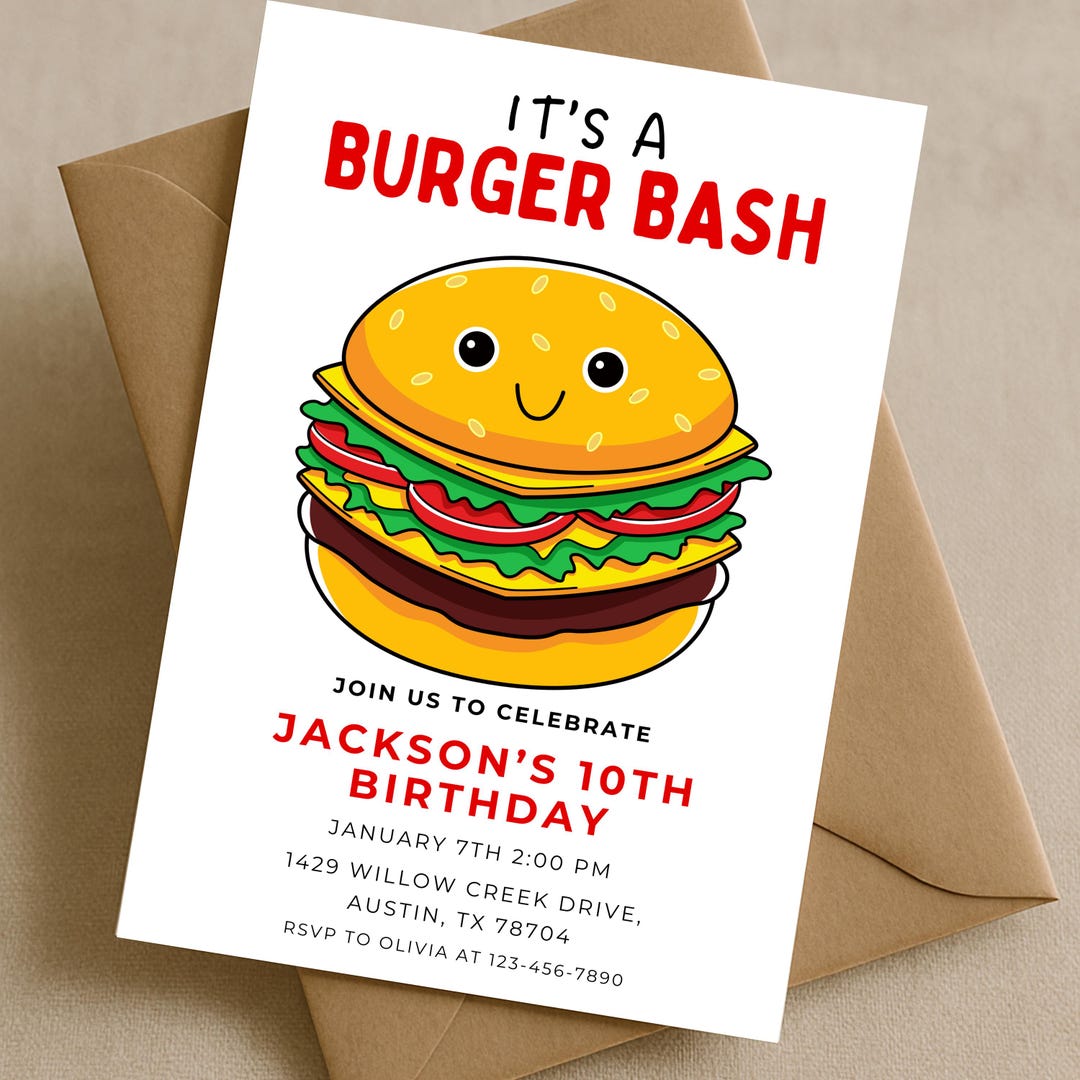 Cute Burger Birthday Invitation, Burger Bash Party Invite for Kids ...