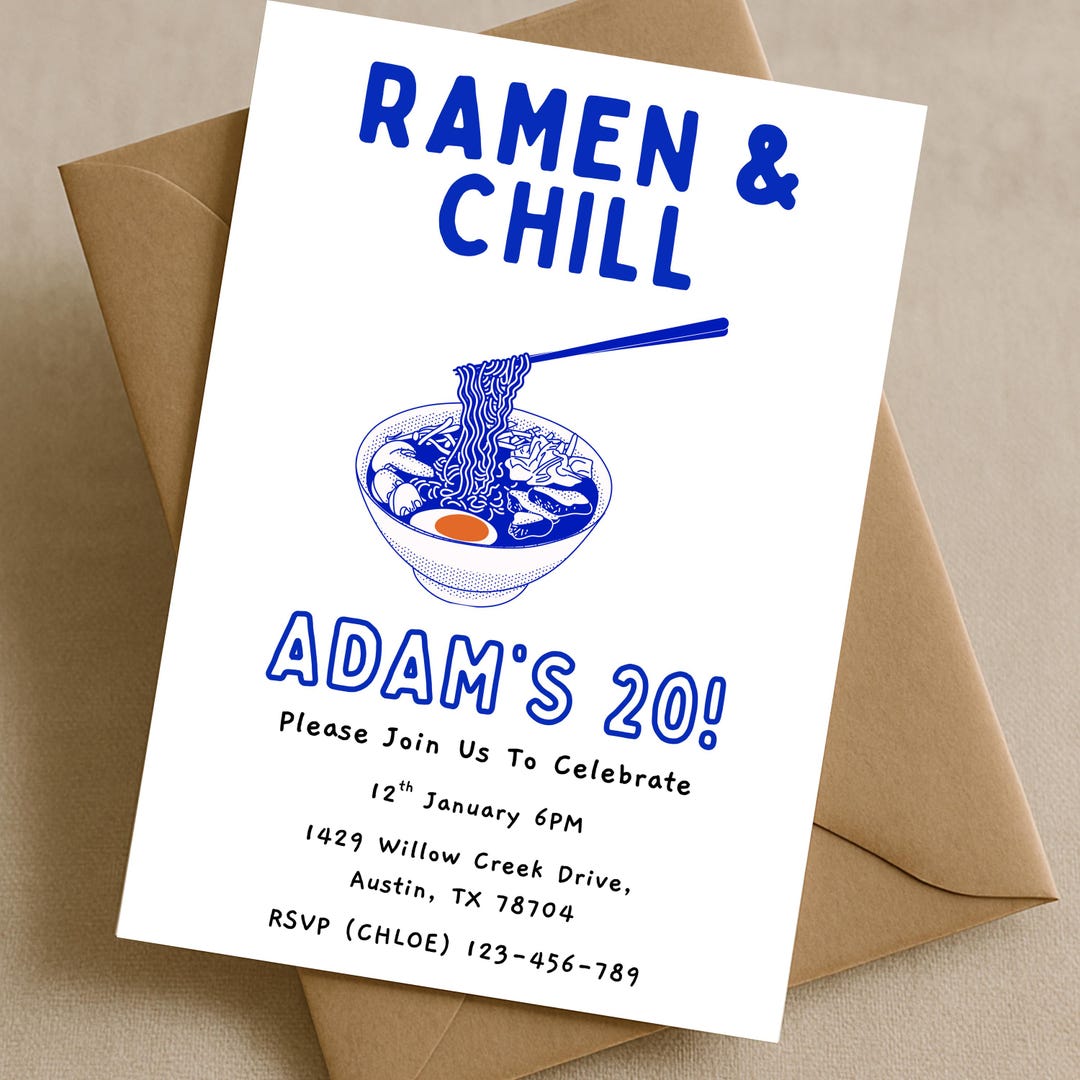 Blue Ramen and Chill Birthday Invitation, Line Art Ramen Party Invite ...