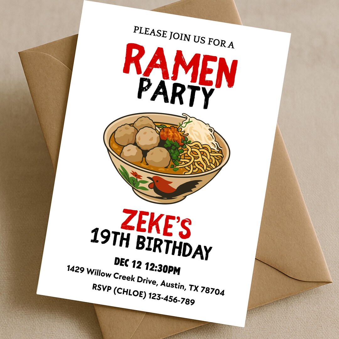 Printable Ramen Party Invitation, Japanese Noodle Bowl Birthday Invite ...