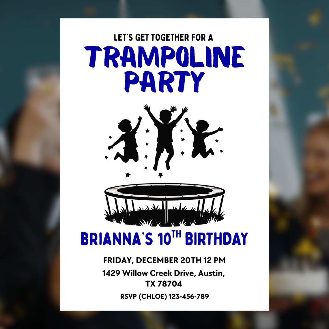 Trampoline Party Invitation Printable, Kids Jump Birthday Invite ...