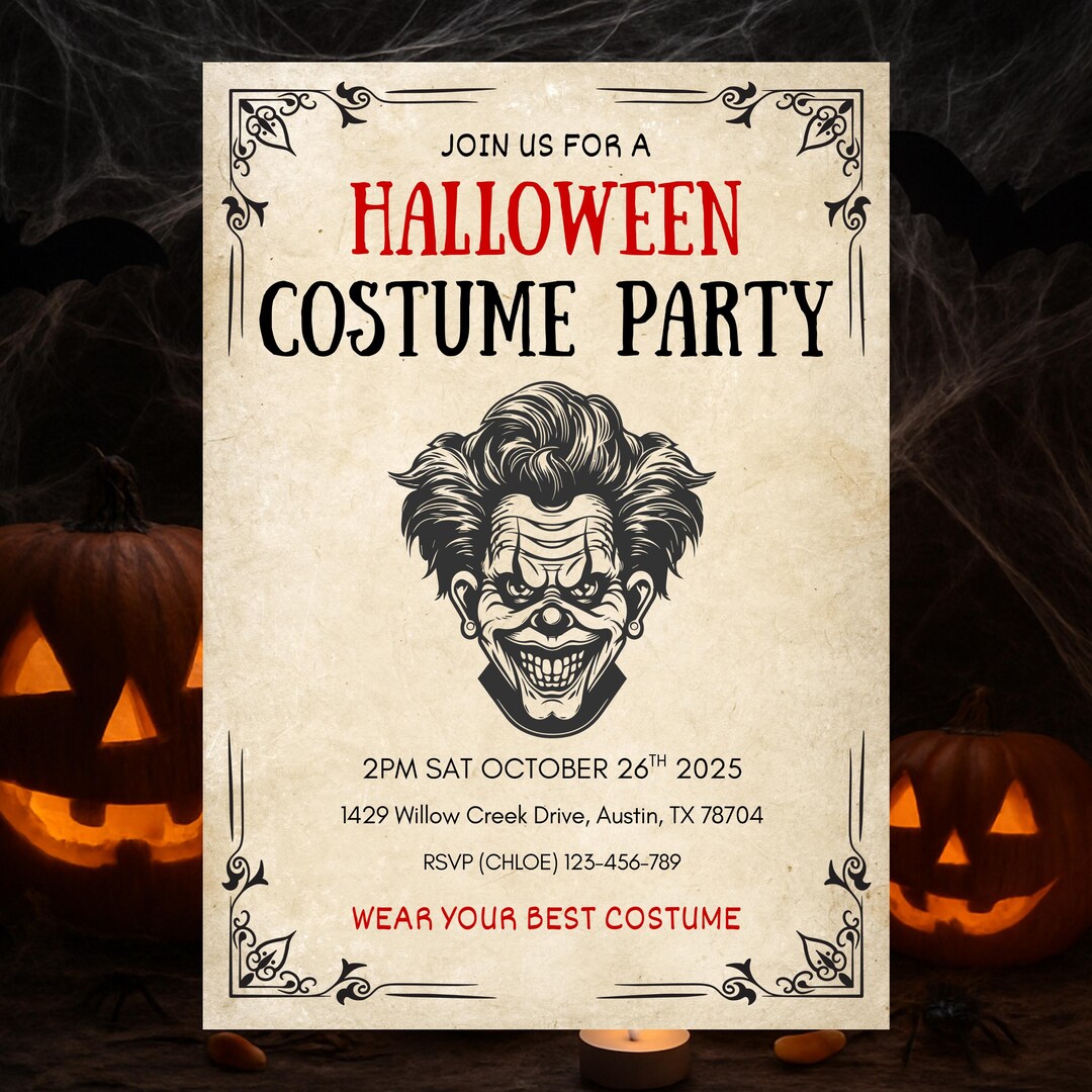 Creepy Clown Halloween Costume Party Invitation, Scary Halloween Party ...