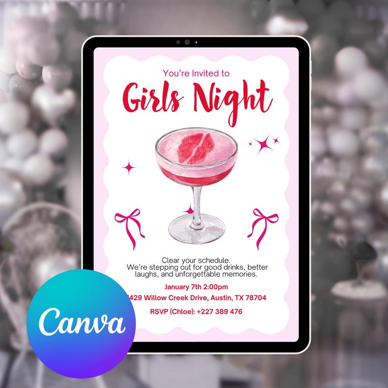 Girls Night Invitation Template Editable, Pink Cocktail Party Invite ...