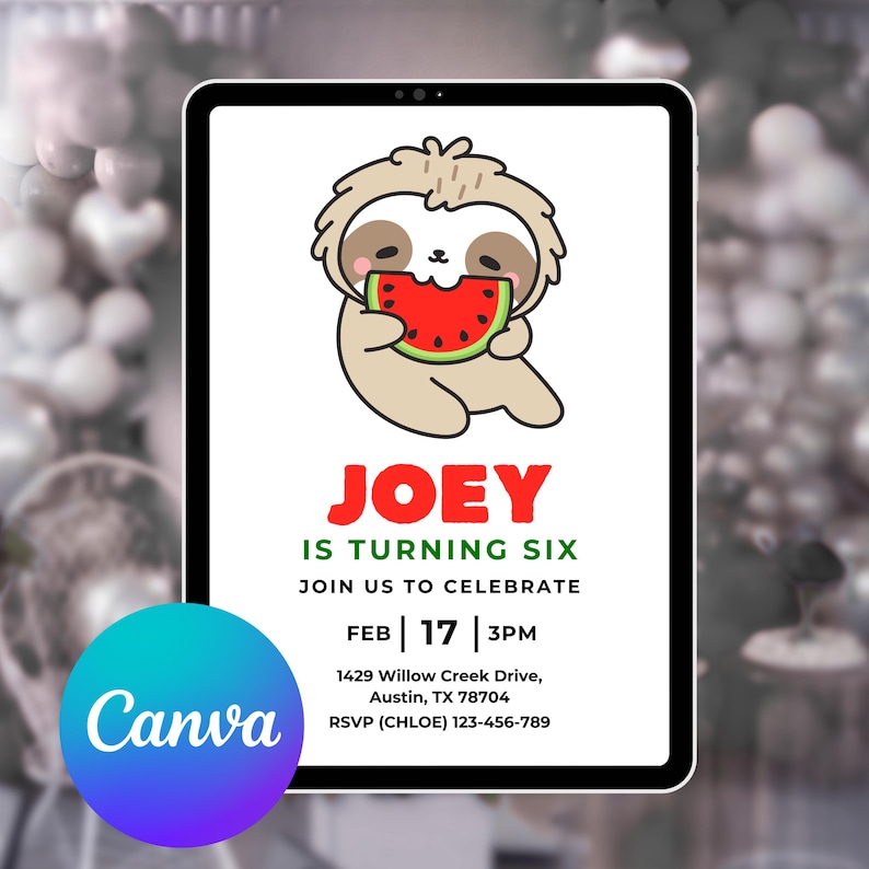 Sloth Birthday Invitation, Sloth Turning 6 Invite, Watermelon Sloth ...
