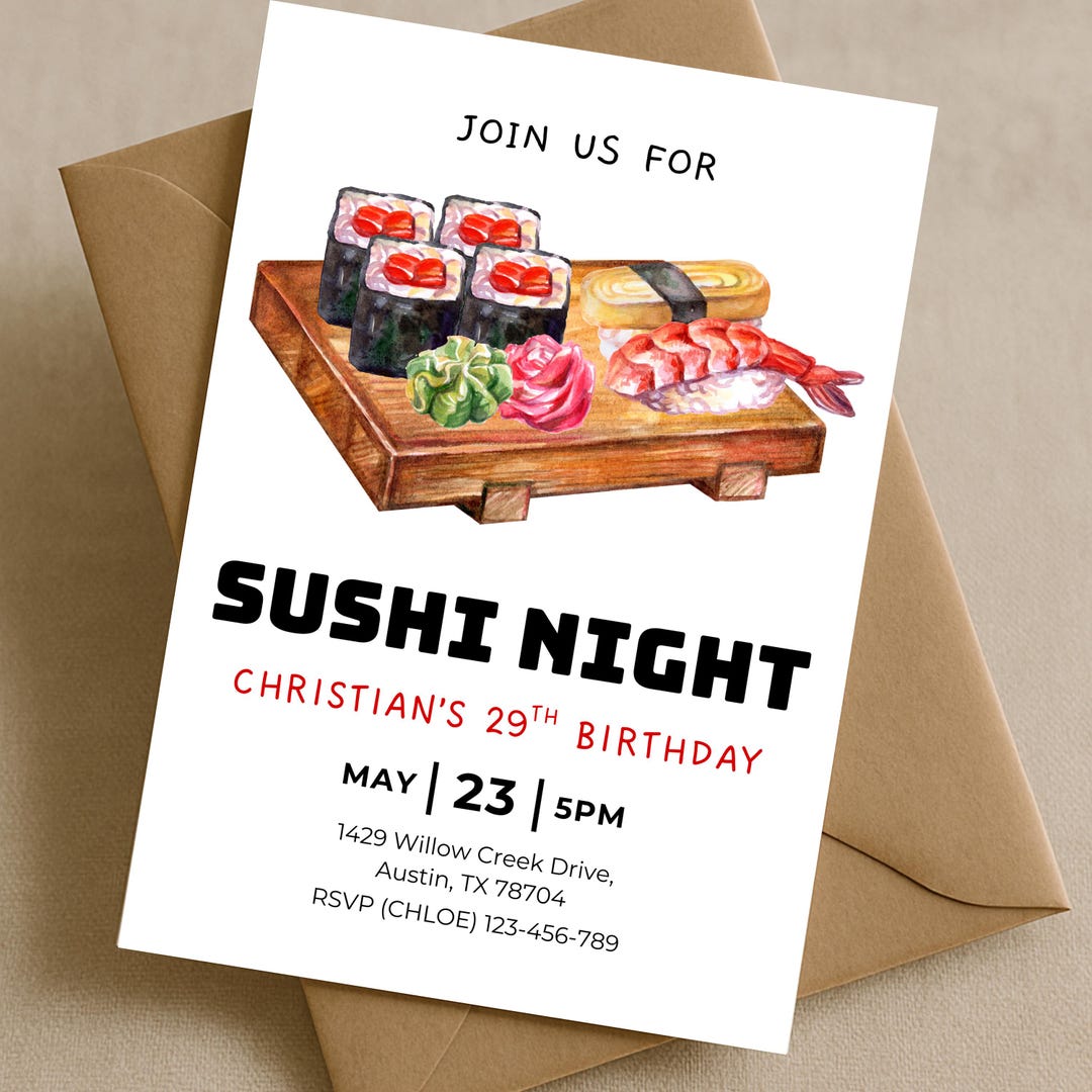 Sushi Night Birthday Invitation, Adult Food Theme Party Invite ...